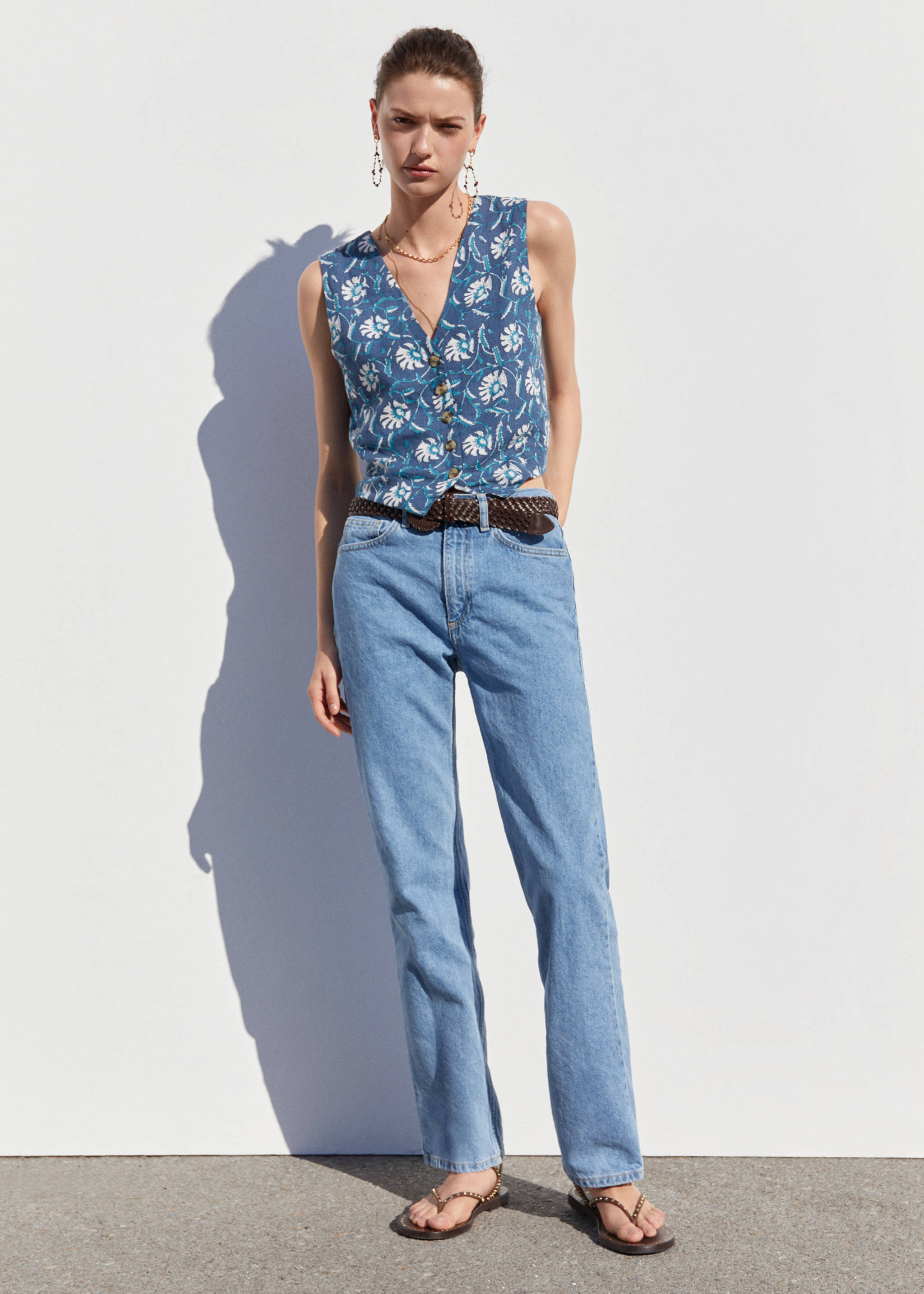 Gilet lin fleuri - Femme | MANGO OUTLET France métropolitaine