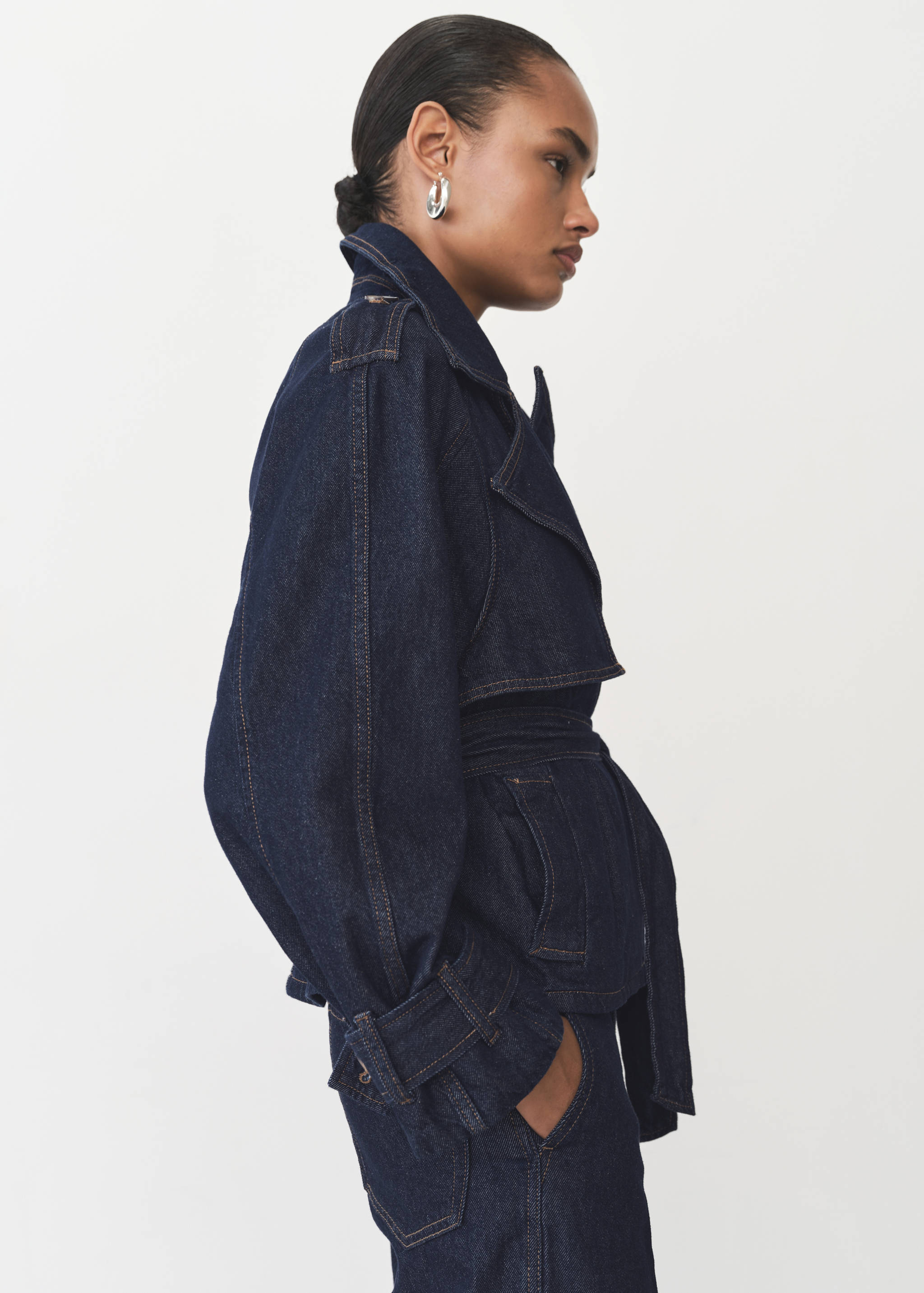 Short denim trench coat with belt - Women | MANGO OUTLET USA