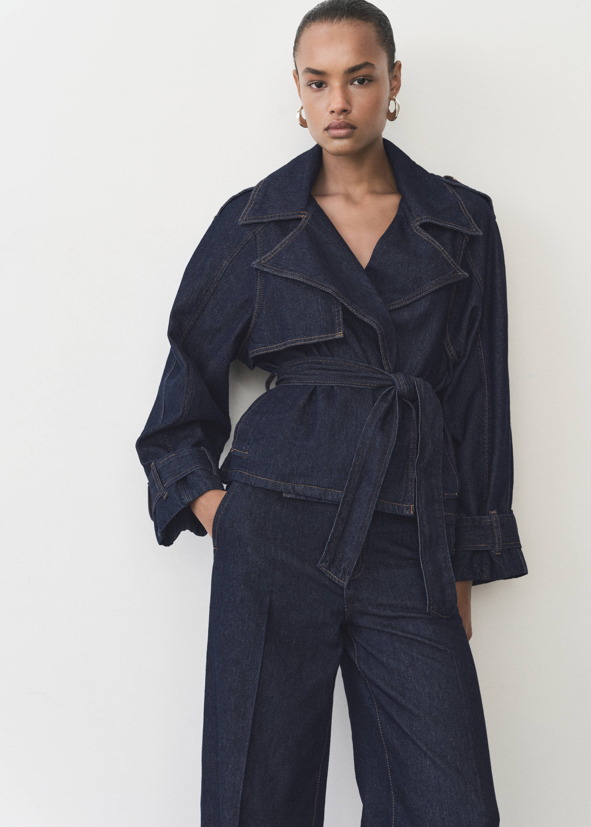 Short denim trench coat with belt - Women | MANGO OUTLET USA